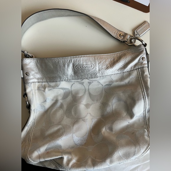 Coach | Bags | Coach Zoe Signature C Metallic Gray Canvas Leather Trim ...